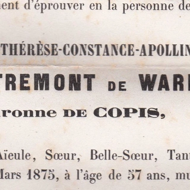 MARIE THÉRÈSE APOLLINE De Copis D'Oultremont De Warfusée Bruxelles 1875 ...