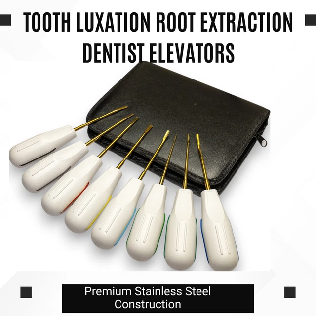 DENTAL ROOT EXTRACTION Elevators Set of 8 with Gold Tips for Oral ...