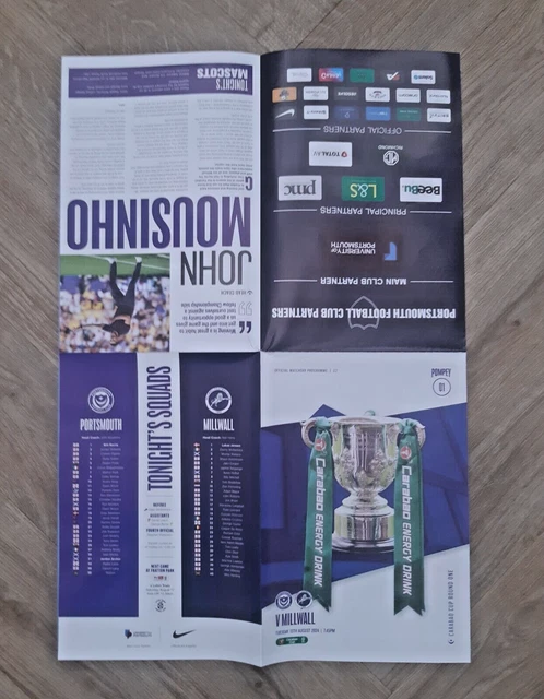 PORTSMOUTH FC V Millwall Fc Carabao Cup 1st round £3.00 - PicClick UK