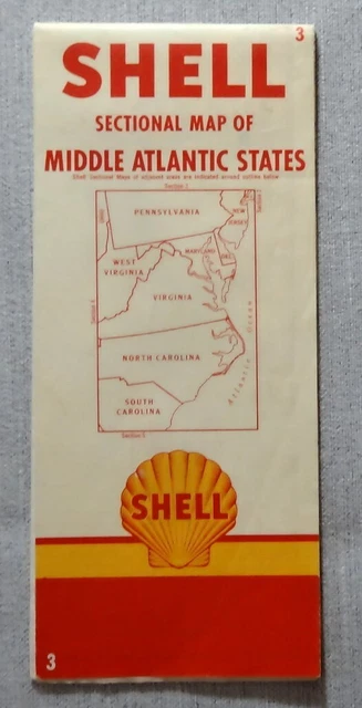 SHELL GAS & Oil Road Map Middle Atlantic States Sectional Map #3 1956 ...