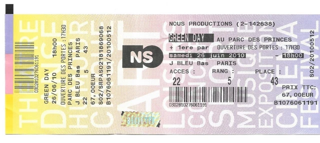 RARE / TICKET Billet Concert - Green Day : Live A Paris ( France ) 2010 ...