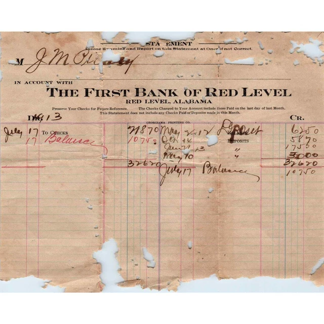 1913 LETTERHEAD BILLHEAD First Bank of Red Level Alabama JM Peavey AD6 ...