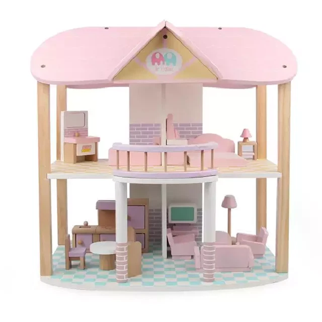 PINK WOODEN DOLL House 3-Storey Dollhouse Mansion & Furniture Set Kids ...