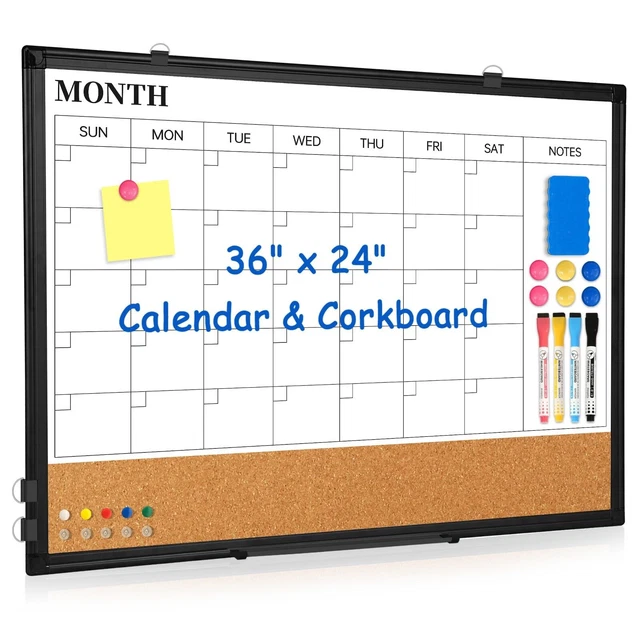 MONTHLY CALENDAR WHITEBOARD Dry Erase Cork Board Combo for Wall, 36" x ...