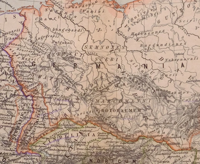 1895 SMALL MAP Germania Germany Vindelicia Boiohaemum Noricum Pannonia ...
