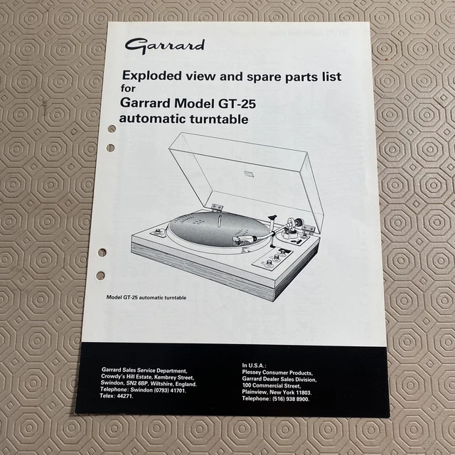 ORIGINAL GARRARD MODEL GT-25 Automatic Turntable Exploded View/Spare ...