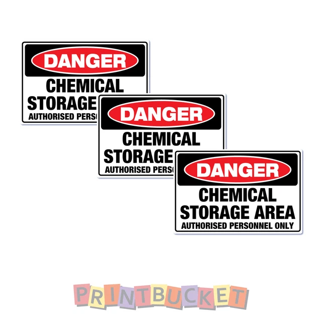 DANGER CHEMICAL STORAGE Area sticker 100mm x 65mm 3 pack water/fade ...