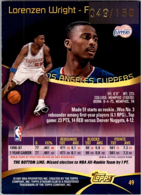 1997-98 STADIUM CLUB One Of A Kind Basketball Card #49 Lorenzen Wright/150 EUR 22,08 - PicClick FR