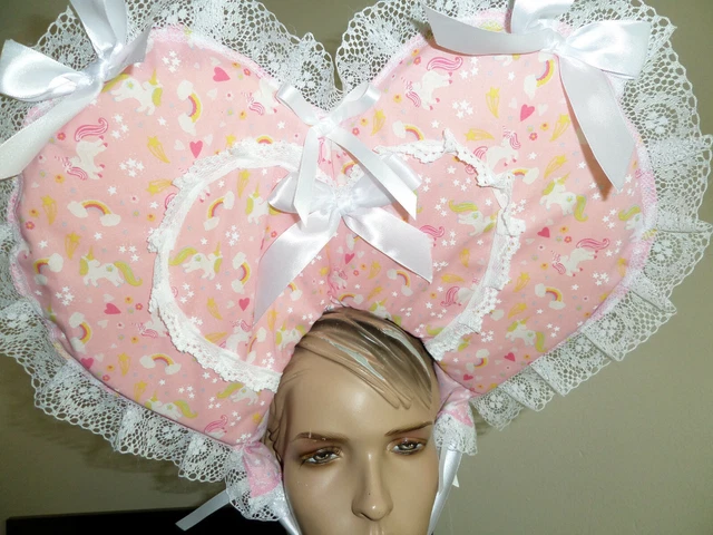 ADULT BABY PRISSY Sissy Pink Unicorn Big Heart Bonnet Lace Satin Ties ...