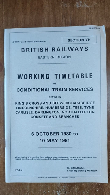 RAILWAY WORKING TIMETABLE - Eastern Region 1980/81, Section YH £2.95 ...