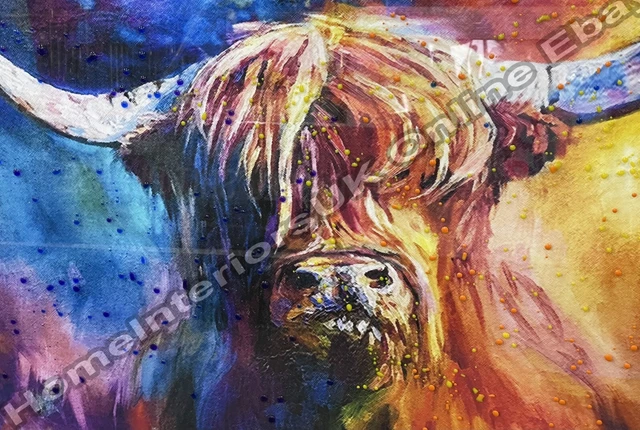 HIGHLAND COW WITH multi coloured liquid art & mirror frame wall art ...