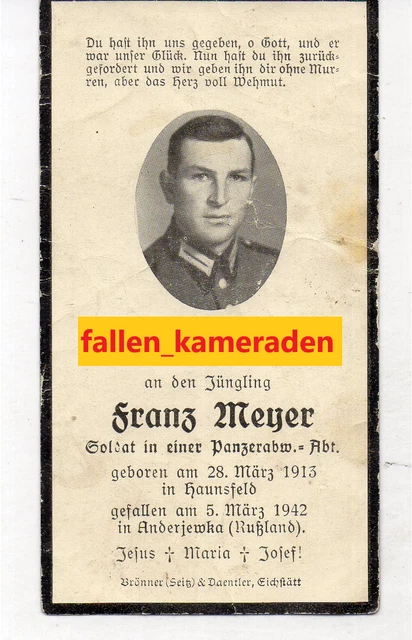 ORIGINAL GERMAN WW2 Death Card FRANZ MEYER Panzer BT -fell 5mar1942 ...