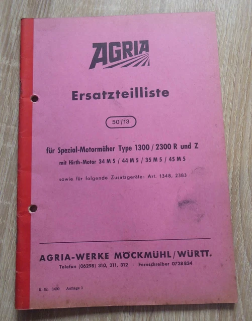 AGRIA SPEZIAL MOTORMÄHER Typ 1300 + 2300 R Z Ersatzteilliste EUR 39,90 ...