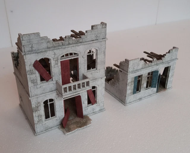 PAIR OF DAMAGED WW2 NORTH AFRICA COLONIAL HOUSES 28mm BUILT & PAINTED ...