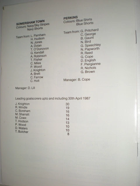 SOMERSHAM TOWN V PERKINS,9th MAY 1987, PETERBOROUGH LEAGUE PREMIER ...
