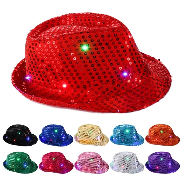 UNISEX LIGHT UP Dress Dance Party Led Fedora Trilby Jazz Hat Sequin ...
