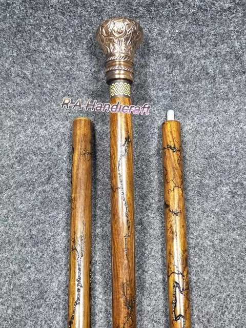 ANCIEN BÂTON DE réveil en bois tête royale bouton laiton vintage cadeau ...