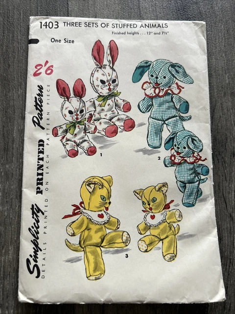 VINTAGE SIMPLICITY SEWING pattern 1950s Stuffed toys 1403 Rabbit Dog ...