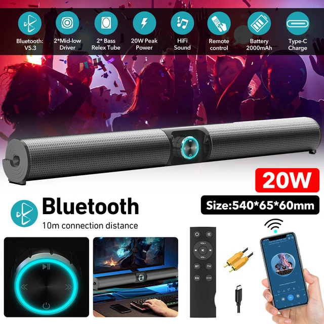 20W SURROUND SOUND Bar Bluetooth Soundbar System Wireless Theater ...