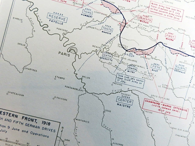 WW1 MILITARY MAP Western Front 1918 Axis Offensive German Operations ...