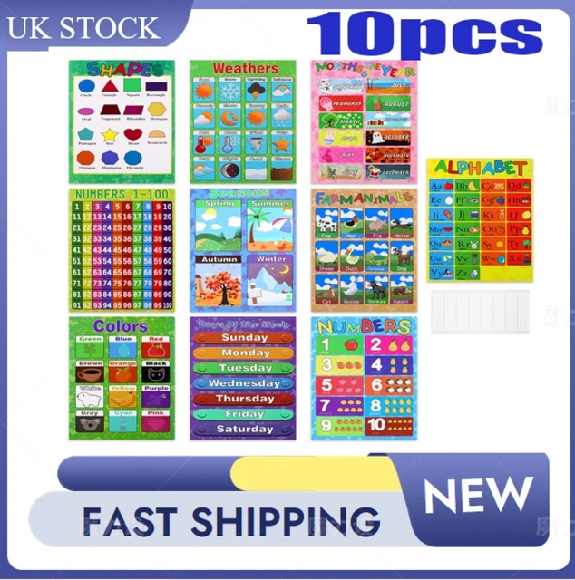 15 PACK EDUCATIONAL Poster Laminated Wall Chart for Children Kids ...