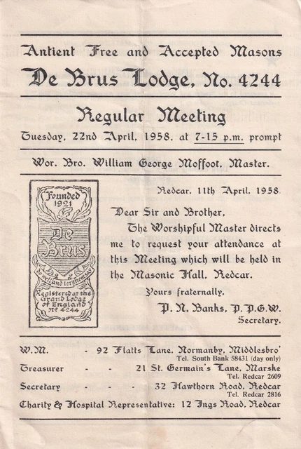 MASONIC DE BRUS Lodge No 4244 Regular Meeting 22nd April 1958 programme ...
