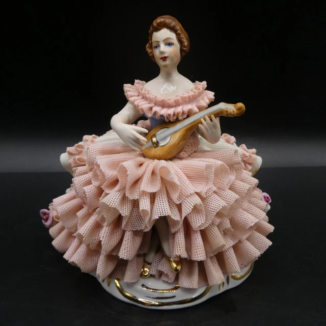 BEAUTIFUL DRESDEN PORCELAIN Lace Lady Playing Mandolin Figurine Approx ...