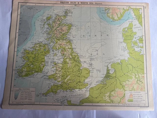 BRITISH ISLES N Sea & Europe Physical Map 1917 Prof Meiklejohn ...