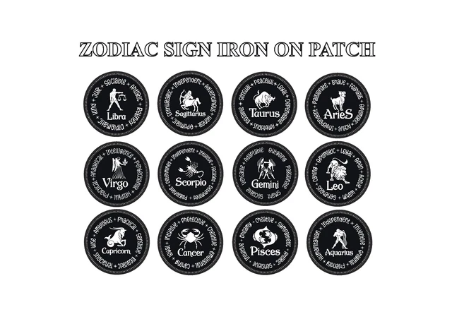 ASTROLOGY ZODIAC BIRTH Sign Iron-on Embroidered Clothing Patch, Silver ...