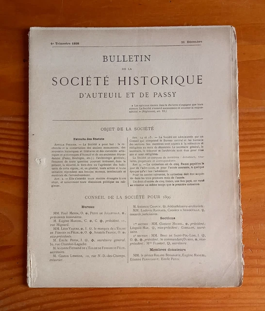 BULLETIN DE LA société historique d'Auteuil et de Passy - 31 Décembre 1898 EUR 18,00 - PicClick FR