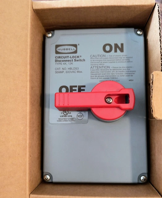 HUBBELL HBLDS3 INDISTRUAL Unfused Disconnect Switch 30A 3 Pole 600V ...