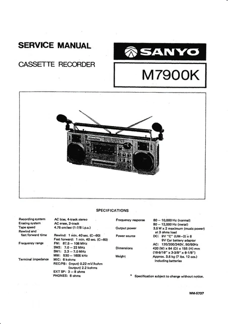 SERVICE MANUEL D'INSTRUCTIONS pour Sanyo M 7900 K EUR 10,60 - PicClick FR