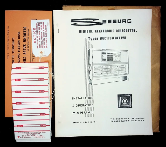SEEBURG DIGITAL CONSOLETTE DEC110/DEC125 Jukebox Manual 1969 515795 ...