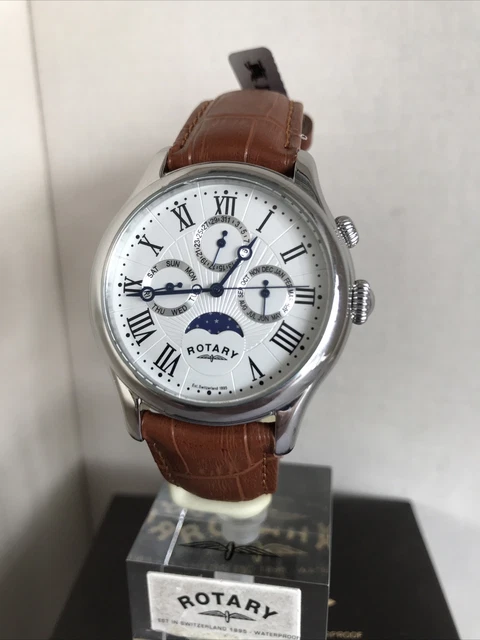 ROTARY MEN'S MOON Phase Silver Dial Analog Brown Leather Strap Watch ...