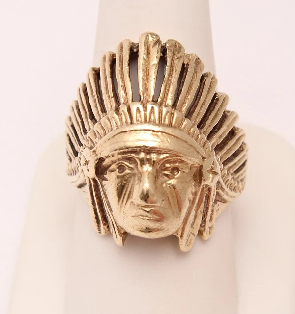9CT YELLOW GOLD Chunky Native Indian Chief Head Men's Ring - UK Size W ...