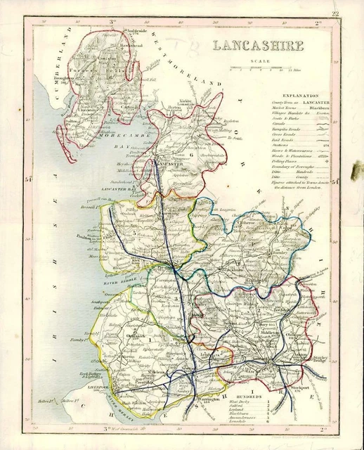 1860 JOSHUA ARCHER map of LANCASHIRE England with outline colour (AM3 ...