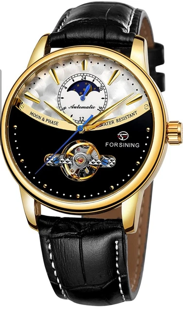 LARGE AUTOMATIC MENS Moon Dial Style Skeleton Watch Quartz Gold Black ...