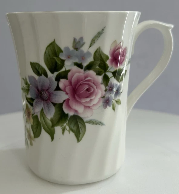 ROYAL STUART FINE Bone China Swirl Border Cup White Floral Rose England ...