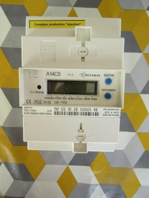 COMPTEUR ELECTRIQUE MONOPHASE 230V/90Amp/50Htz M10 Actaris A14C5 Tbe ...