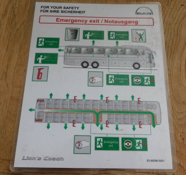 CARTE DES CONSIGNES de SECURITE safety card BUS AUTOBUS MAN lion's ...
