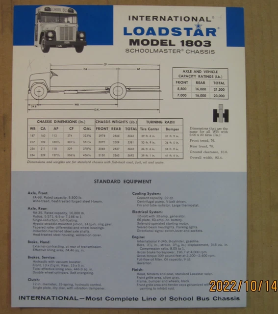 INTERNATIONAL HARVESTER LOADSTAR Model 1803 Truck Specification ...