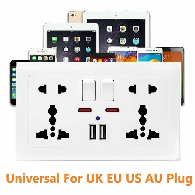 DOUBLE WALL PLUG Socket 2 Gang 13A with 2 USB Charger Port Outlet Plate ...