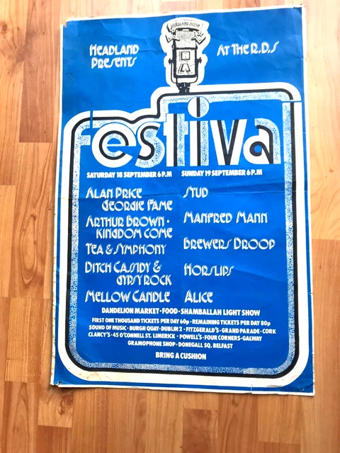 VERY RARE 1960S Irish music festival poster includes Alice, Manfred Man ...