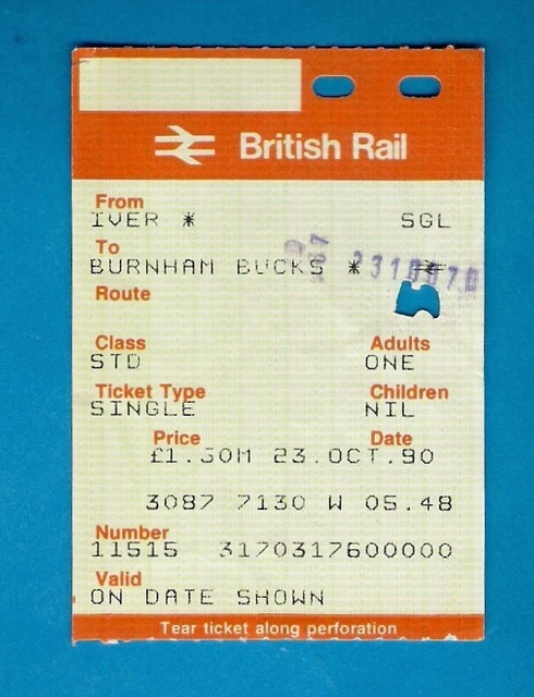 BRITISH RAIL PORTIS Ticket - BR(W) Std Single - Iver to Burnham Bucks - 1990 £2.95 - PicClick UK