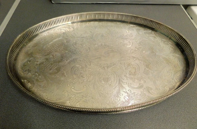 LARGE SILVER PLATED on Copper Gallery Oval Serving Tray Sheffield £18.00 - PicClick UK
