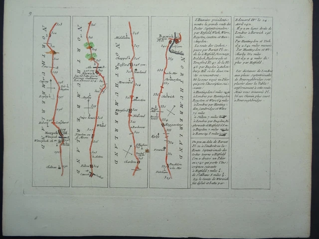 ANTIQUE ROAD MAP of Morpeth to Berwick on Tweed by John Senex 1767 £30. ...