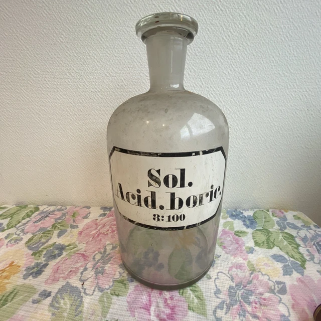 ANCIEN POT D’APOTHICAIRE grand flacon sol acid boric 3:100 blanc deco ...