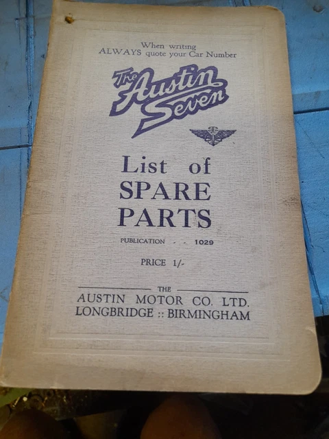 AUSTIN SEVEN LIST Of Spare Parts 1029 August 1933 Original Factory ...