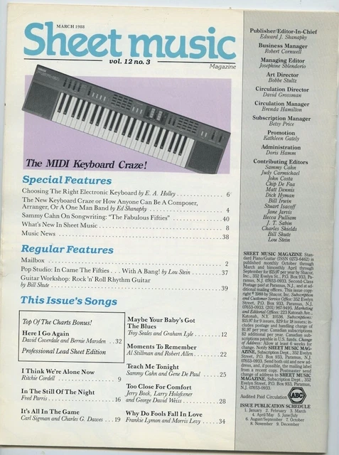 SHEET MUSIC MAGAZINE March 1988 Piano / Guitar The Fabulous Fifties £4. ...