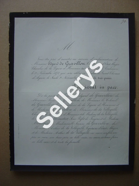 FAIRE PART DE décès Edgard Alexandre Péricaud de GRAVILLON Bataille de ...